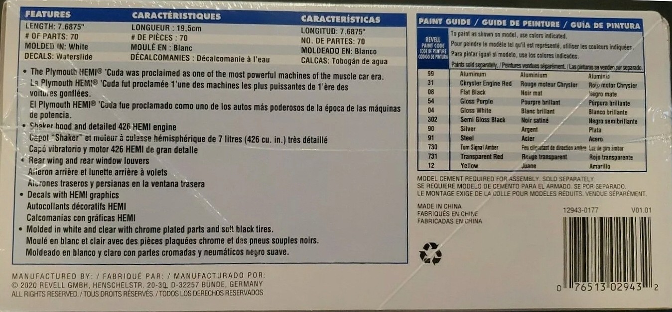 1971 Hemi Cuda 426 -- Plastic Model Car Kit -- 1/24 Scale -- #852943 ...