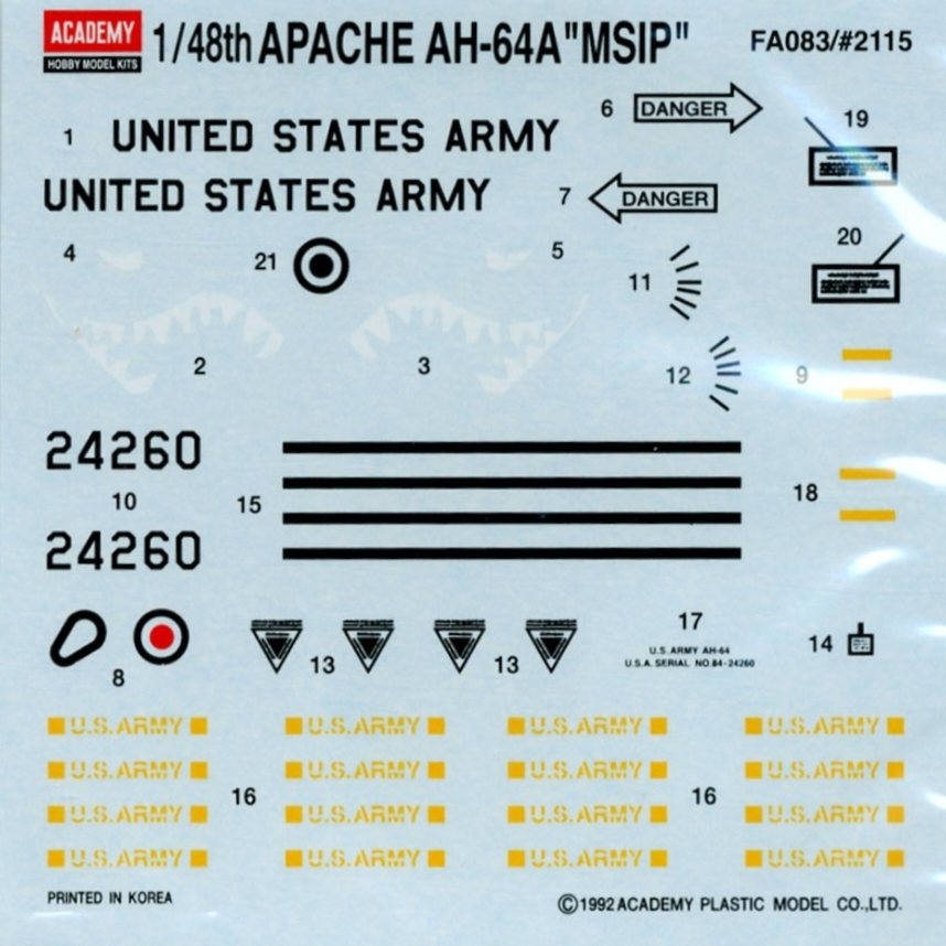 AH64A Apache US Helicopter -- Plastic Model Helicopter Kit -- 1/48 ...