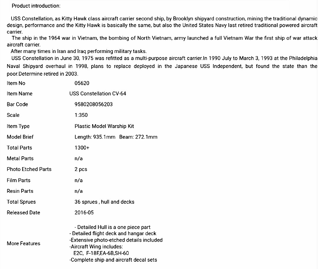 USS Constellation CV-64 Aircraft -- Plastic Model Military Ship Kit ...