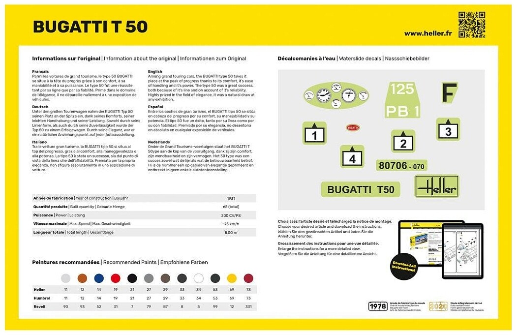 Bugatti T50 Car -- Plastic Model Car Kit -- 1/24 Scale -- #80706 ...