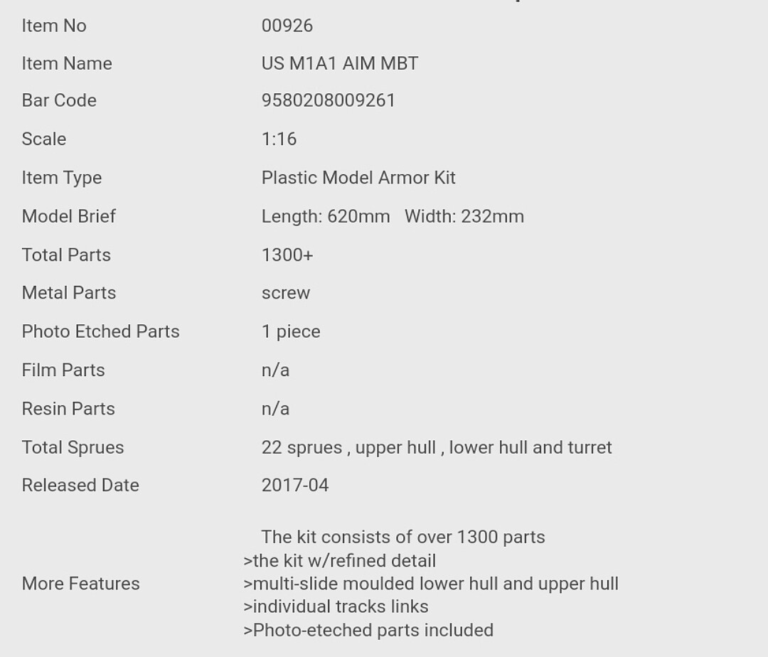 US M1A1 AIM Main Battle Tank -- Plastic Model Military Vehicle Kit -- 1/16 Scale -- #926 ...