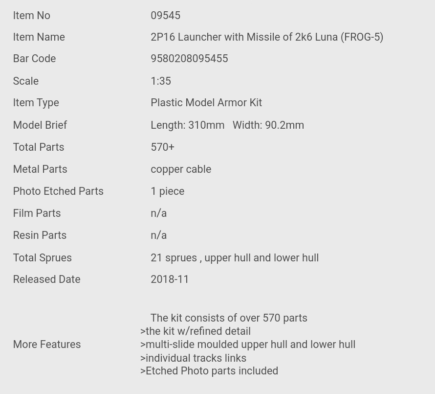 Soviet 2P16 Launcher with 2K6 Luna (FROG5) Missile -- Plastic Model ...