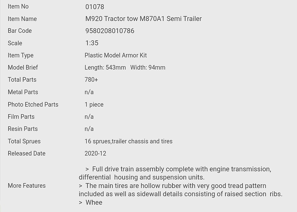 M920 Tractor Tow w/M870A1 Semi-Trailer -- Plastic Model Military ...