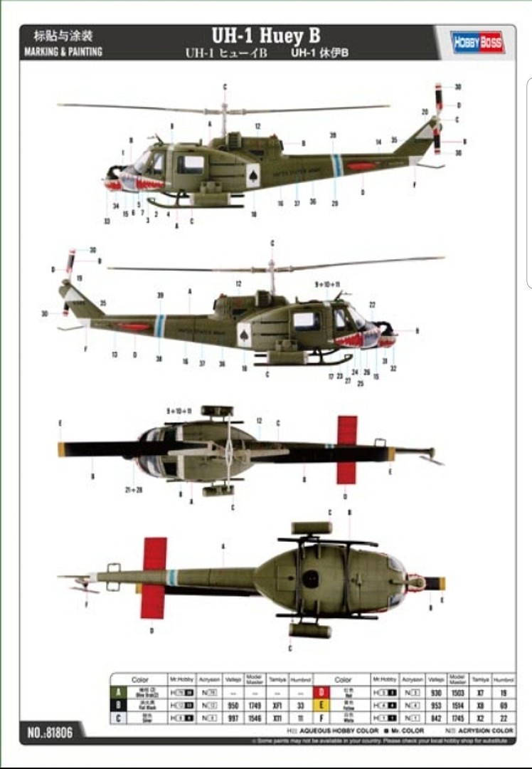 UH-1 Huey B -- Plastic Model Helicopter Kit -- 1/18 Scale -- #81806 ...