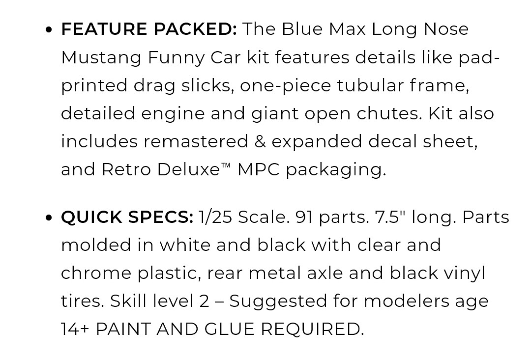 Blue Max Long Nose Mustang Funny Car -- Plastic Model Car Kit -- 1/25 ...