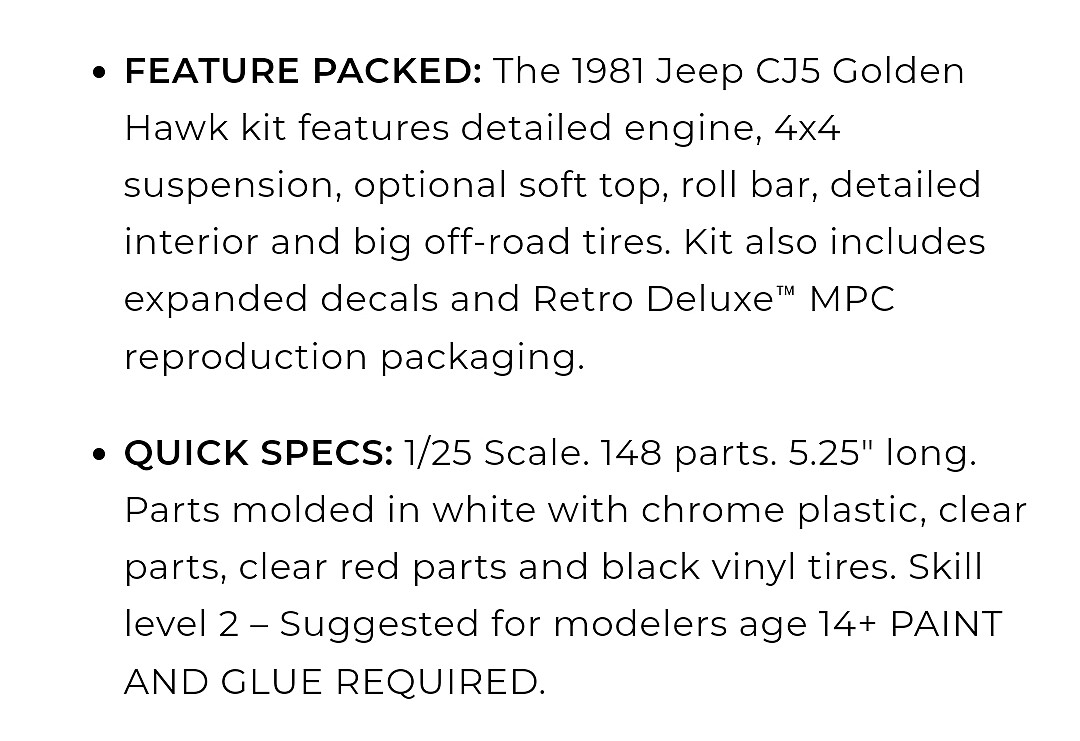 1/25 1981 CJ5 Golden Hawk Jeep -- Plastic Model Jeep Kit -- 1/25 Scale ...