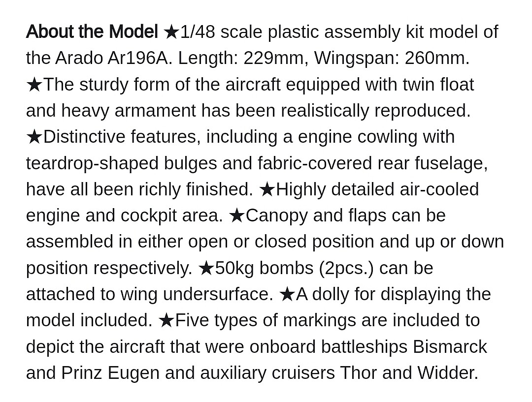 Arado Ar. 196A Plane Aircraft -- Plastic Model Airplane Kit -- 1/48 ...